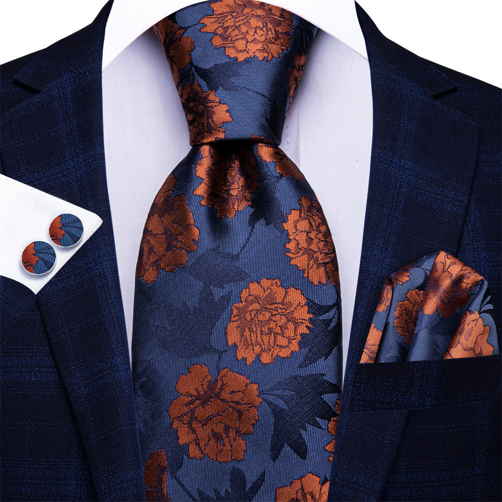 Ties2you Dark Midnight Blue Floral Orange Tie Hanky Cufflinks Set ...