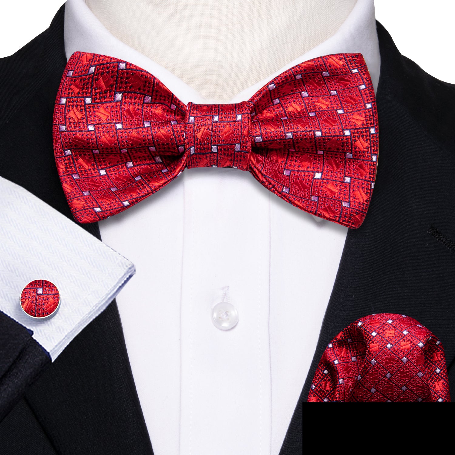 Red Blue White Plaid Rectangle Self-tied Bow Tie Pocket Square Cufflin ...