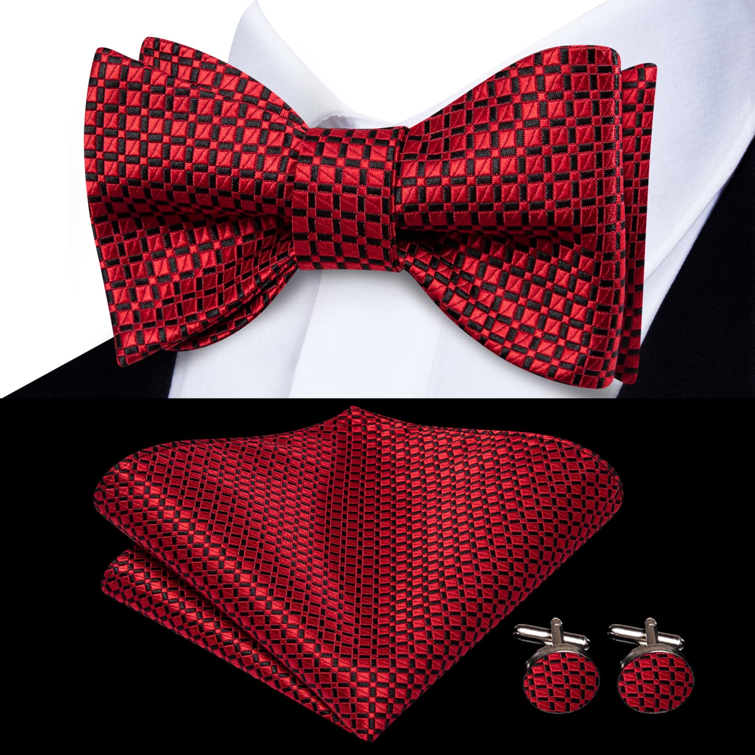Ties2you Self-tie Bow Ties Pure Red Plaid Mens Silk Wedding Bowtie Set ...