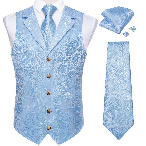 Ties2you Baby Blue Paisley Vest Formal Suit Collar Waistcoat Tie Hanky ...