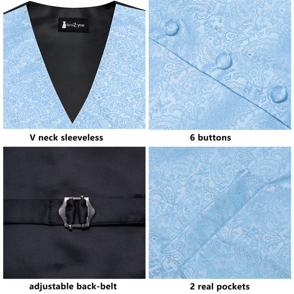 Ties2you Mens Vest Light Blue Paisley V-Neck Silk Waistcoat Tie Set ...