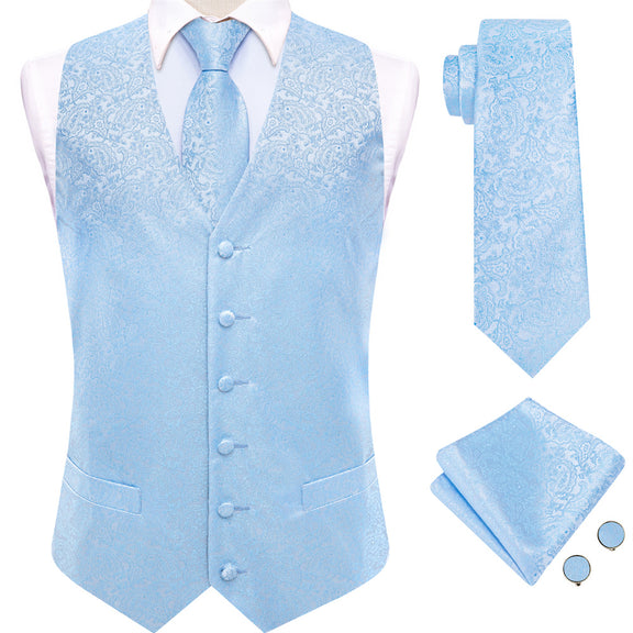 Ties2you Mens Vest Light Blue Paisley V-Neck Silk Waistcoat Tie Set ...