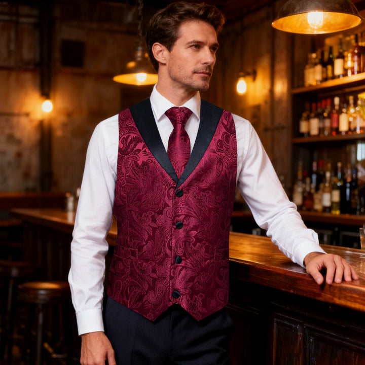 Ties2you Men's Vest Burgundy Paisley Silk Vest Necktie Bow Tie Set ...