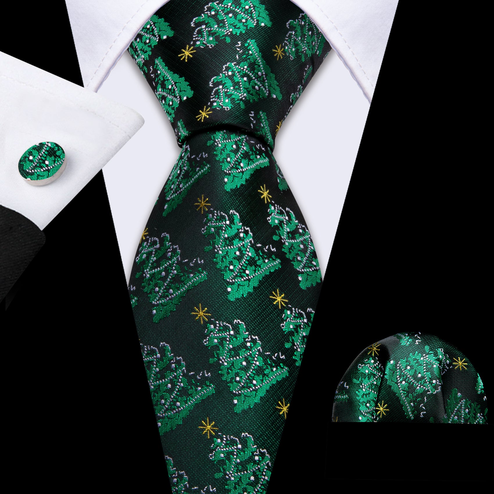 Black Green Christmas Tree Silk Men's Necktie Pocket Square Cufflinks ...