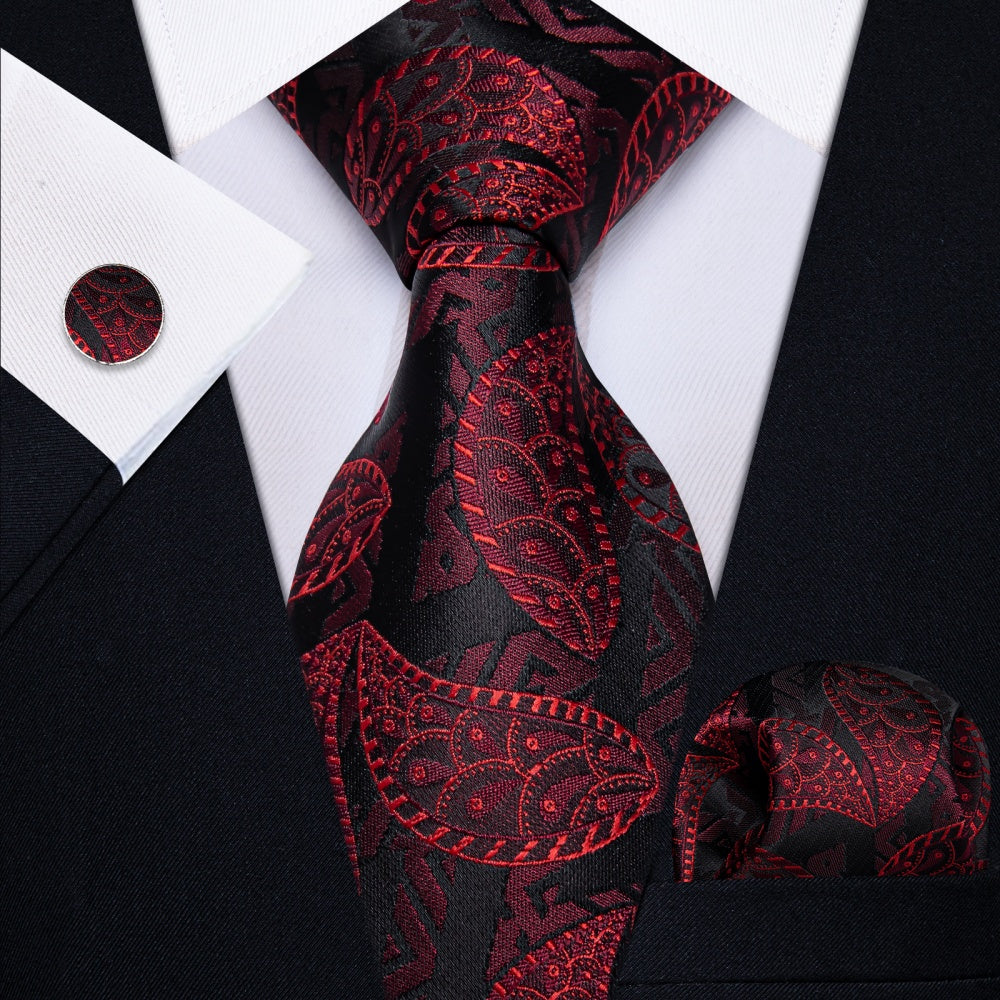 Ties2you Red Jacquard Paisley Black Necktie Pocket Square Cufflink Set ...