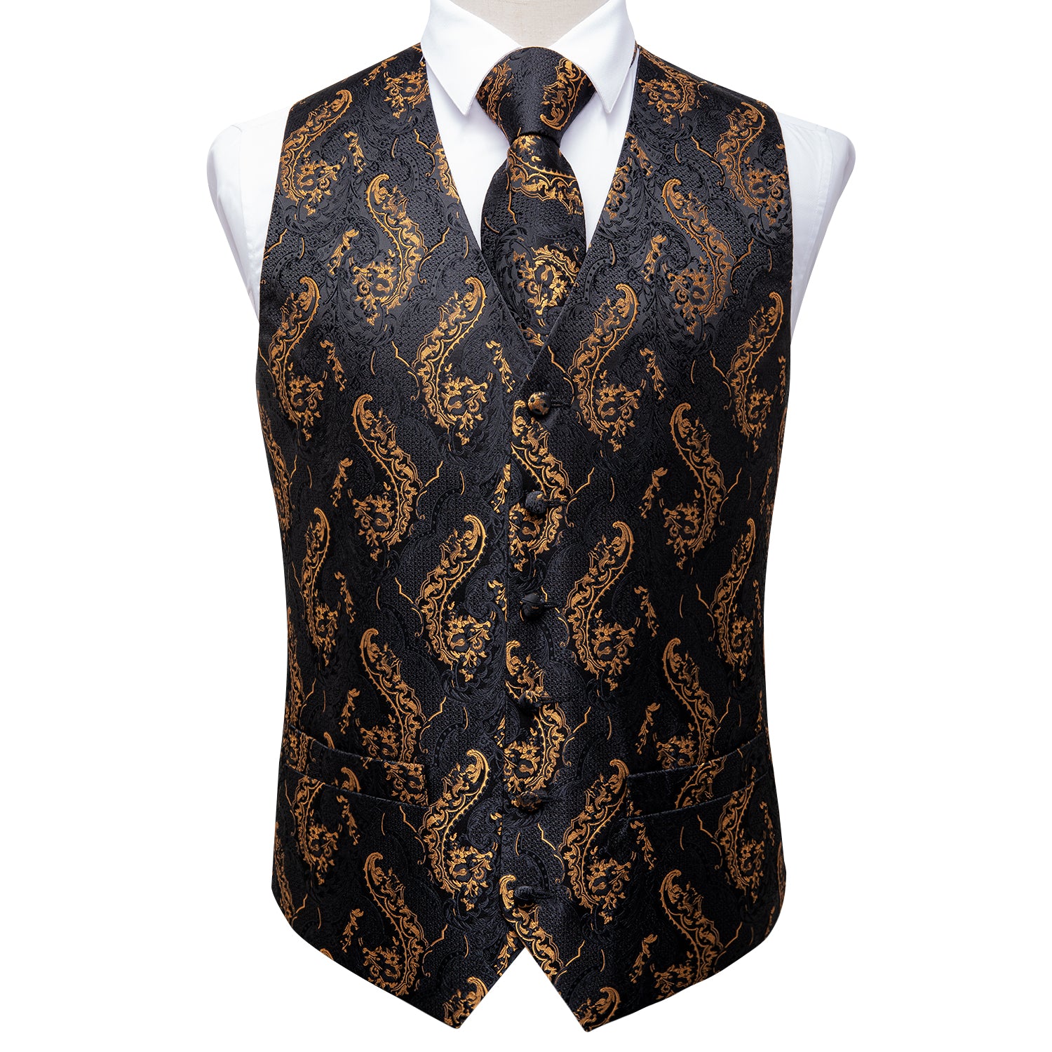 Ties2you Black Tie Vest Gold Floral Men's Vest Tie Hanky Cufflinks Set ...