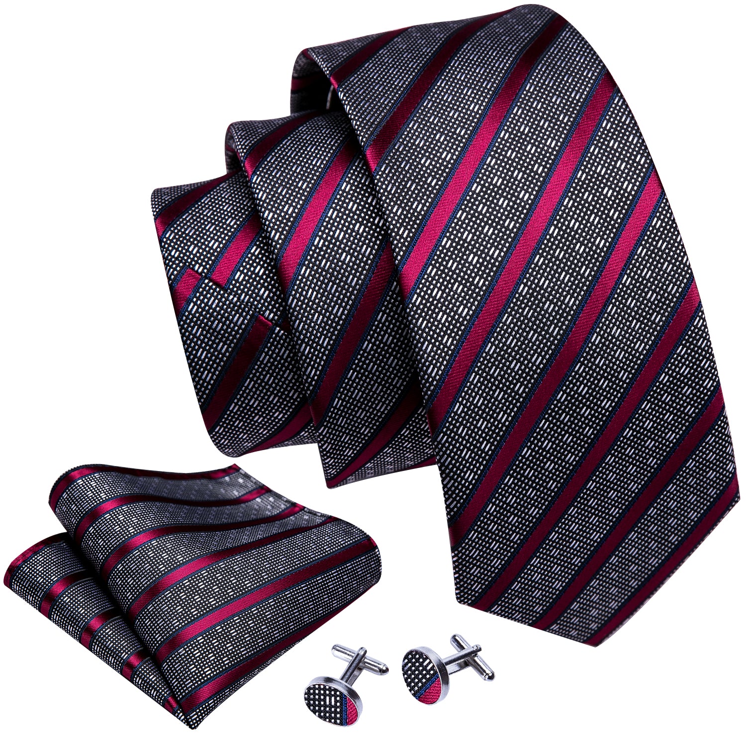 Gray Red Striped Necktie Pocket Square Cufflinks Set – ties2you