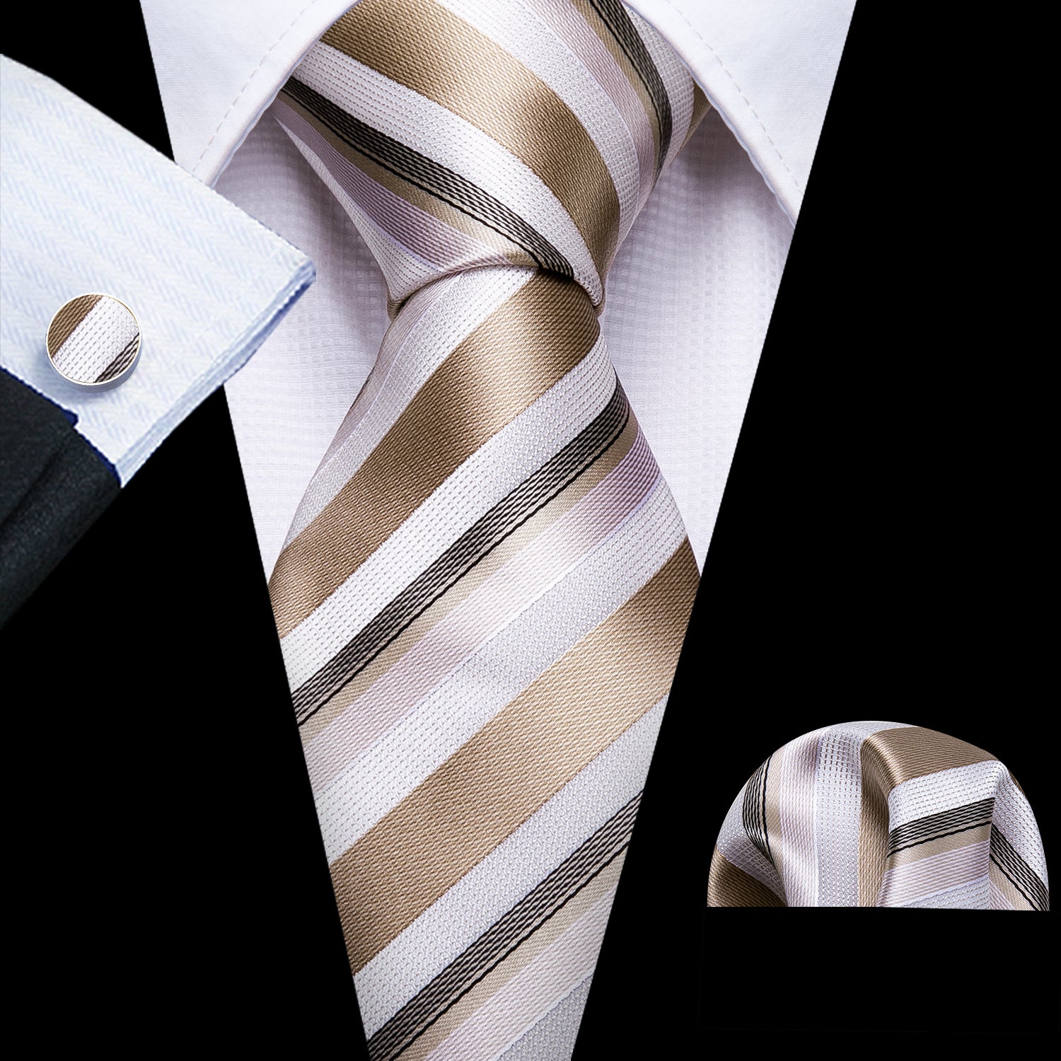 Champagne White Striped Men's Tie Pocket Square Cufflinks Set – ties2you