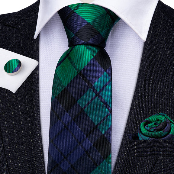 Ties2you Mens Tie Green Blue Plaid Silk Tie Set for Dress Suit Jacket ...