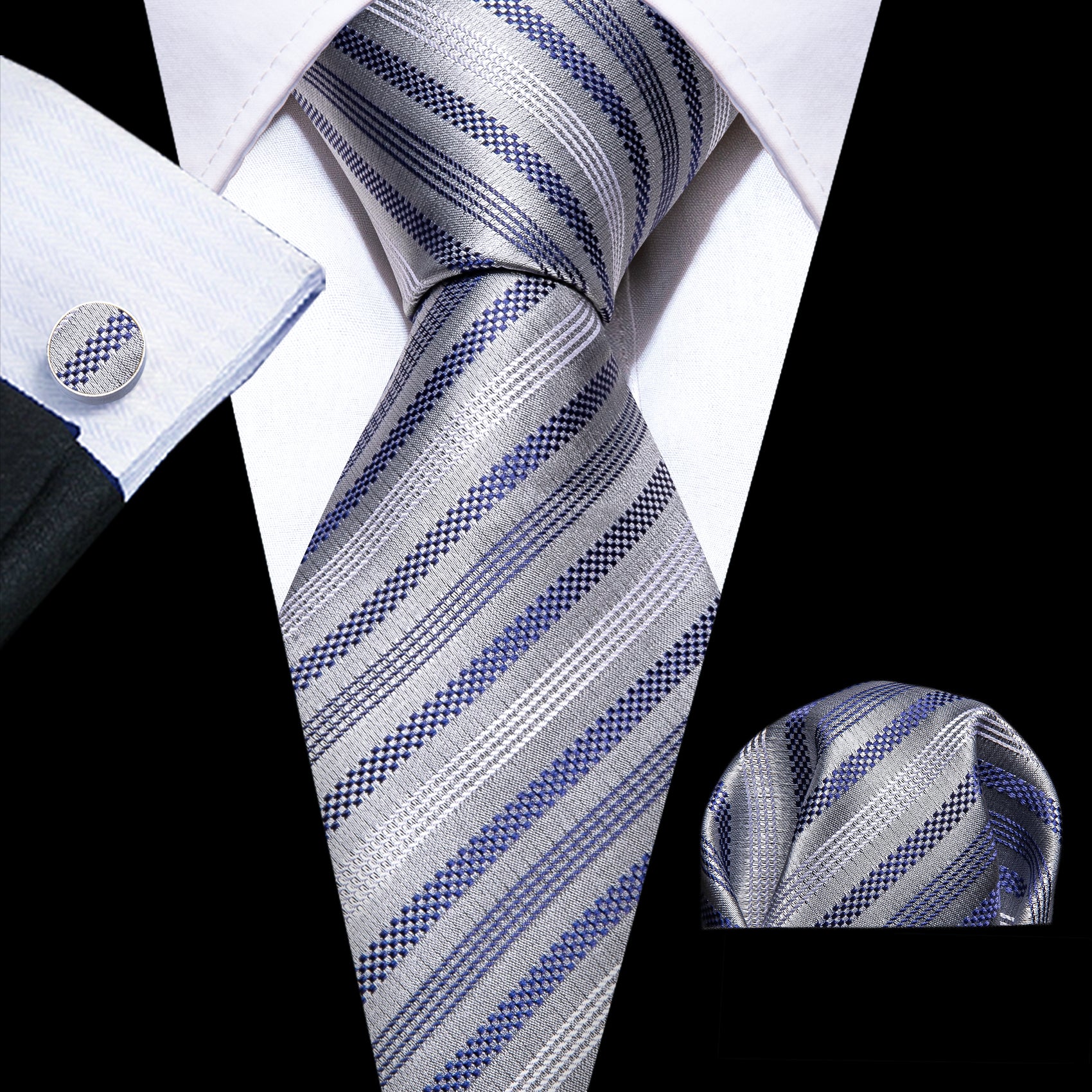 Grey Blue Striped Men's Necktie Pocket Square Cufflinks Set – ties2you