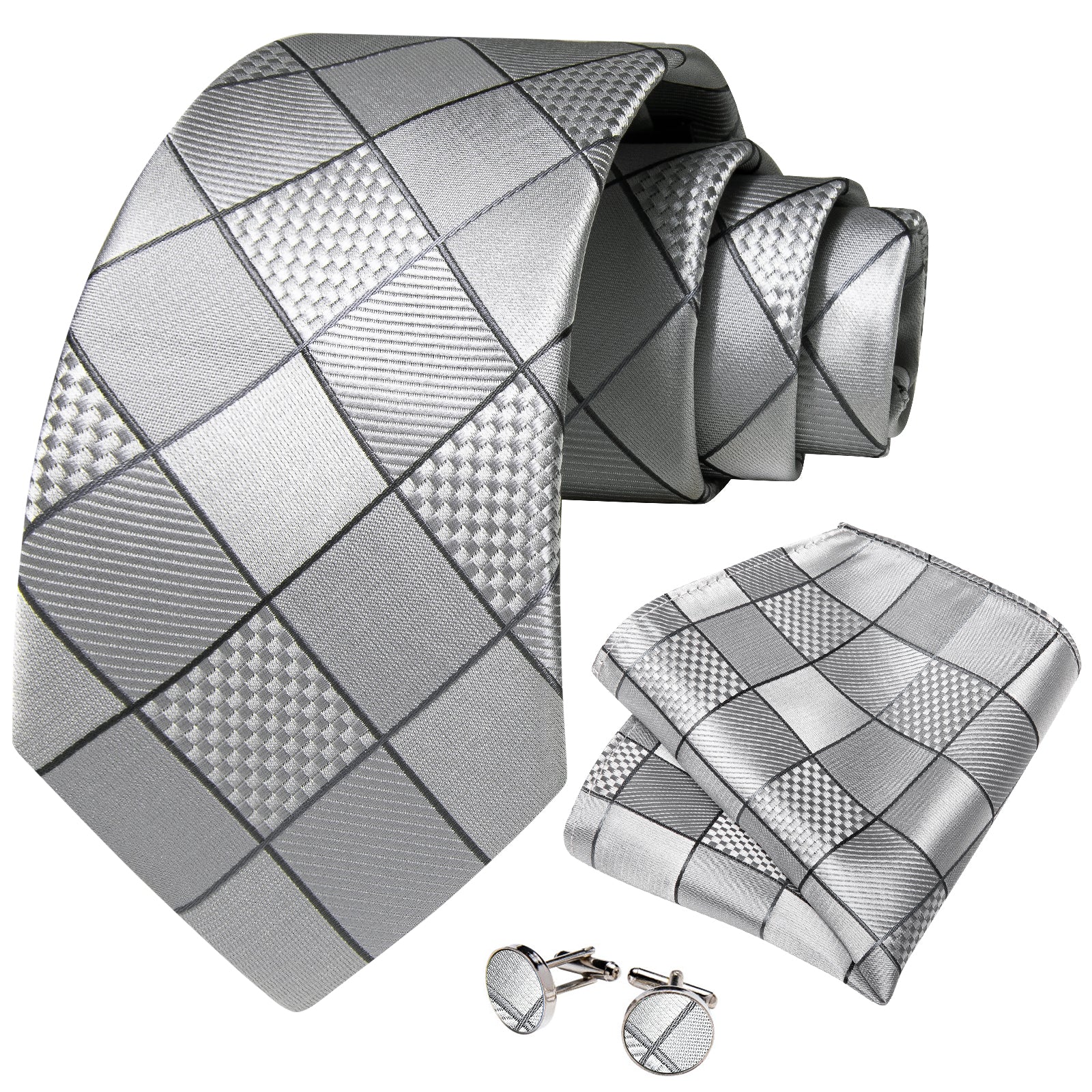 Light Grey Plaid Silk Fabric Tie Hanky Cufflinks Set – ties2you