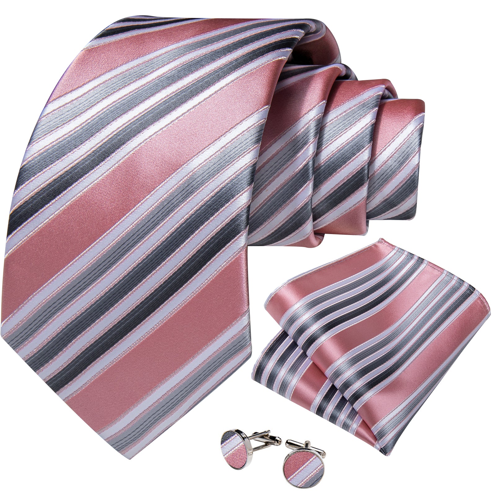 Pink Grey Striped Necktie Pocket Square Cufflinks Set – ties2you