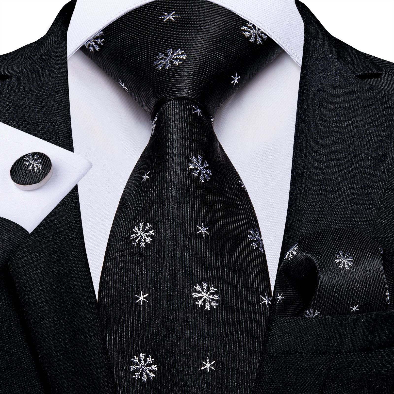 Christmas Black White Snowflake Floral Silk Men's Necktie Hanky Cuffli ...