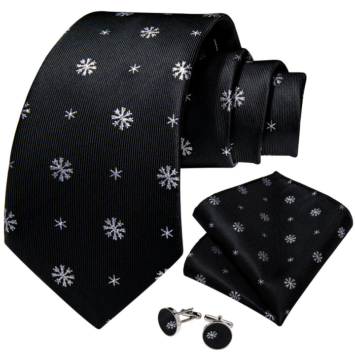 Christmas Black White Snowflake Floral Silk Men's Necktie Hanky Cuffli ...