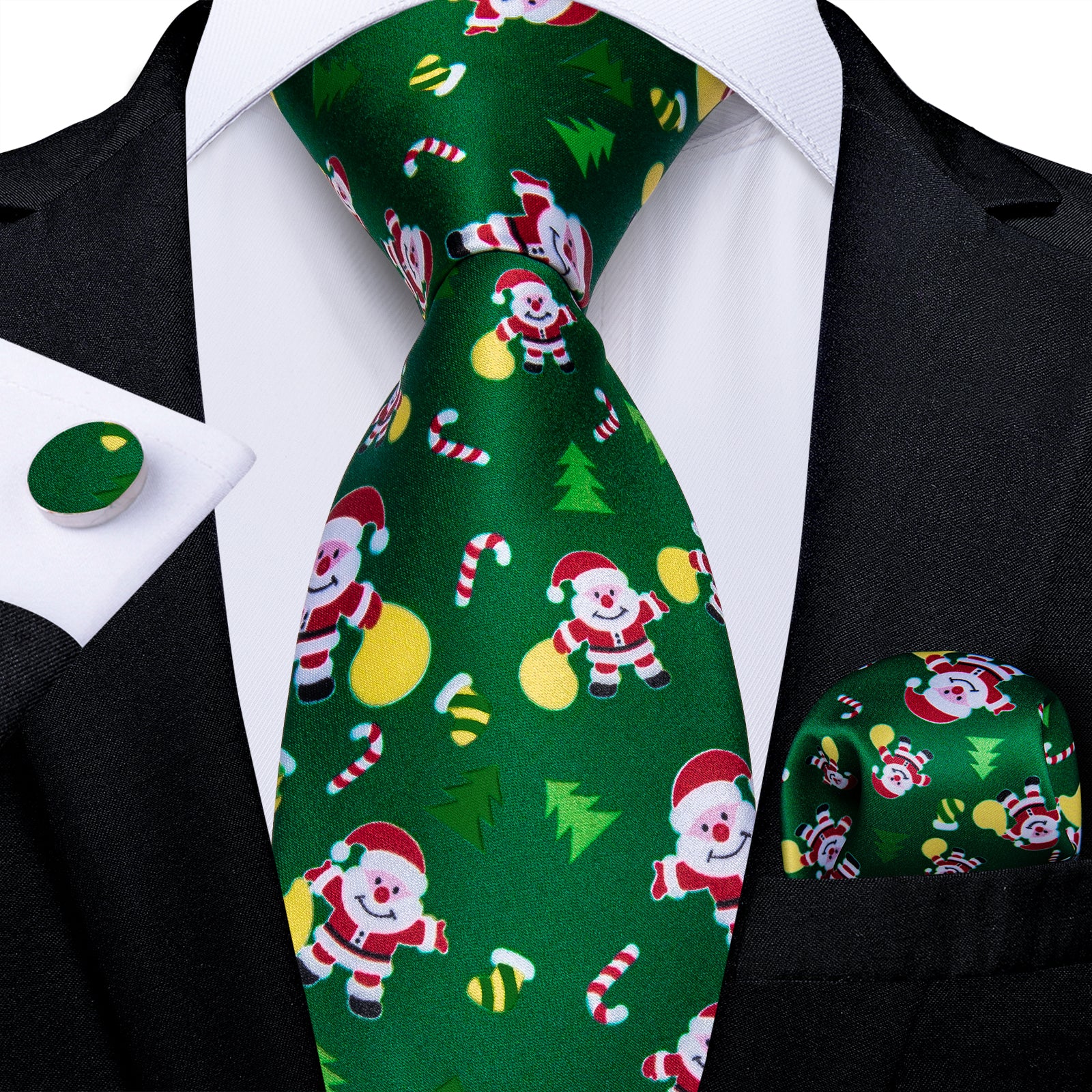 Christmas Green Santa Claus Novelty Silk Men's Necktie Pocket Square C ...